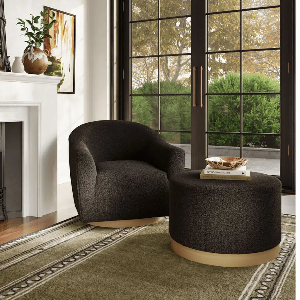 Lara Black Large Pouffe – Modern Boucle Footstool with Oak Base ...