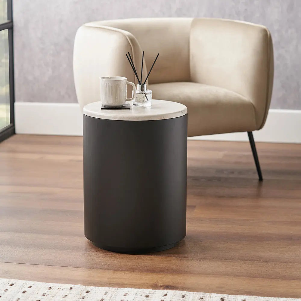 Remy White Marble Effect and Black Metal Storage Side Table - Pacific ...